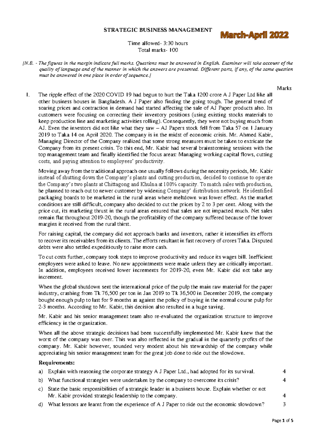 2022-Apr AS SBM: Strategic Management Case Study on A J Paper Ltd ...