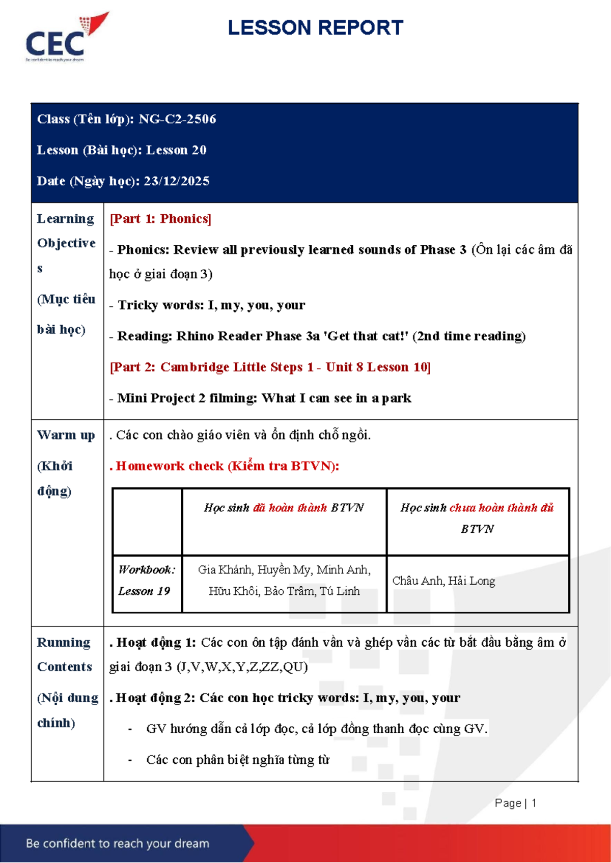 Lesson Report NG-C2-2506: Lesson 20 Overview and Activities - Studocu