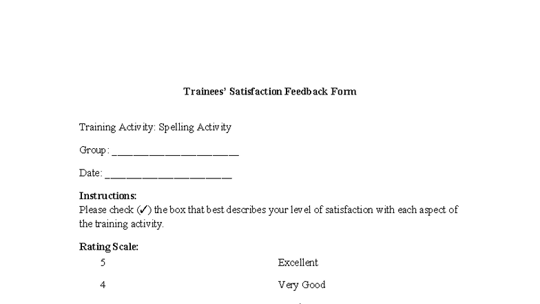 Trainees Satisfaction Feedback Form: Spelling Activity Evaluation - Studocu