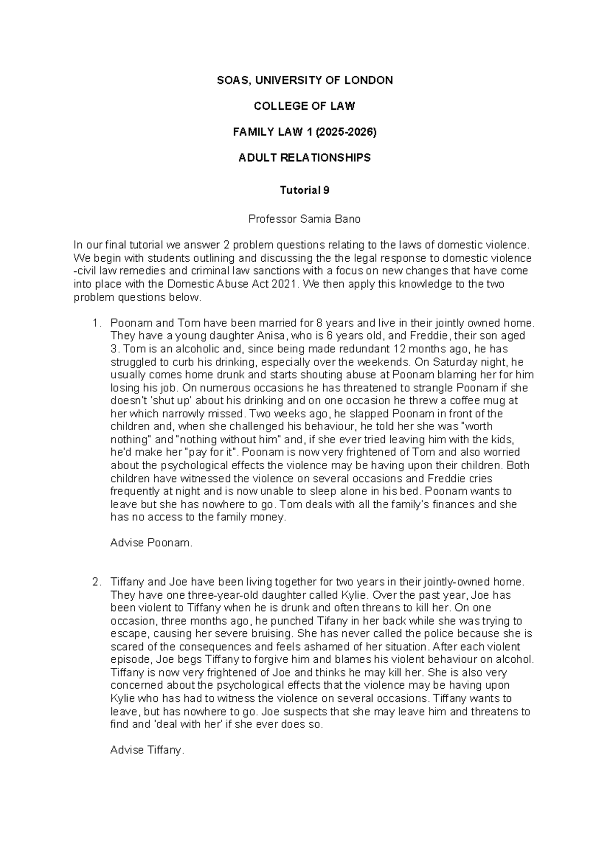 FAMILY LAW 1: Tutorial 9 - Domestic Violence Case Studies - Studocu