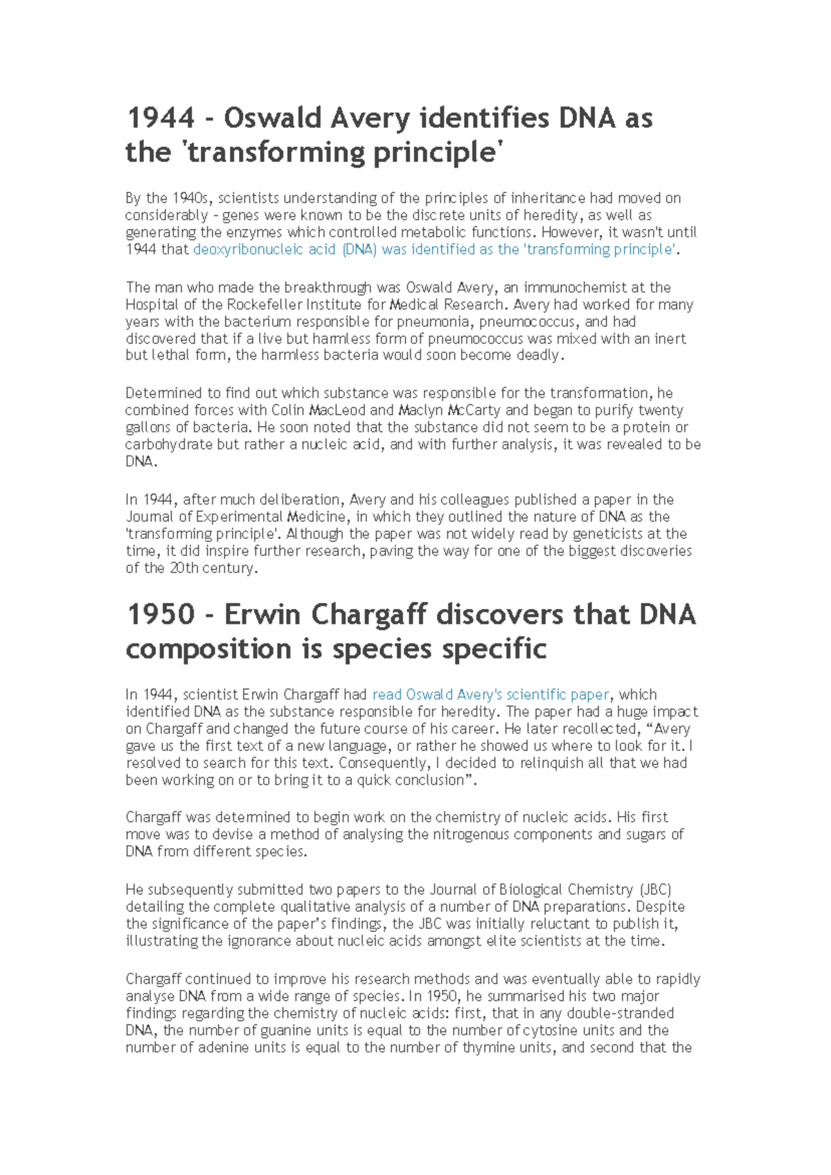 1944 DNA Breakthrough: Oswald Avery & the 'Transforming Principle ...