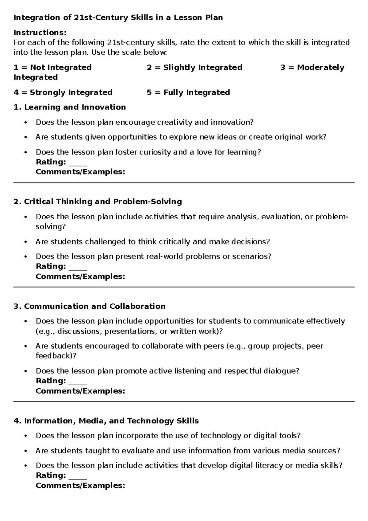 Integration of 21st Century Skills in Lesson Plans: A Rating Guide ...