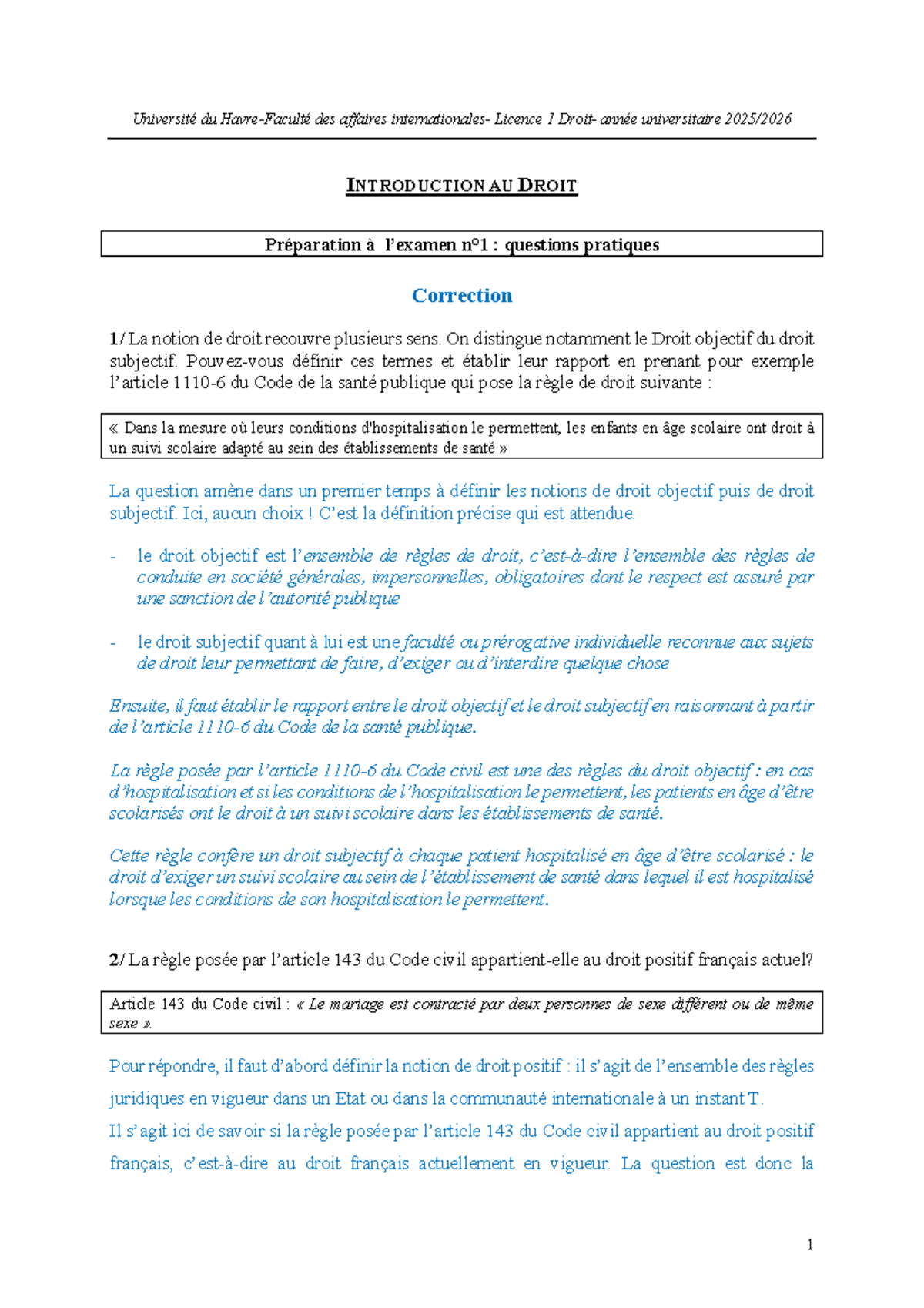 Licence 1 - Introduction au Droit : Corrigé des Questions Pratiques ...