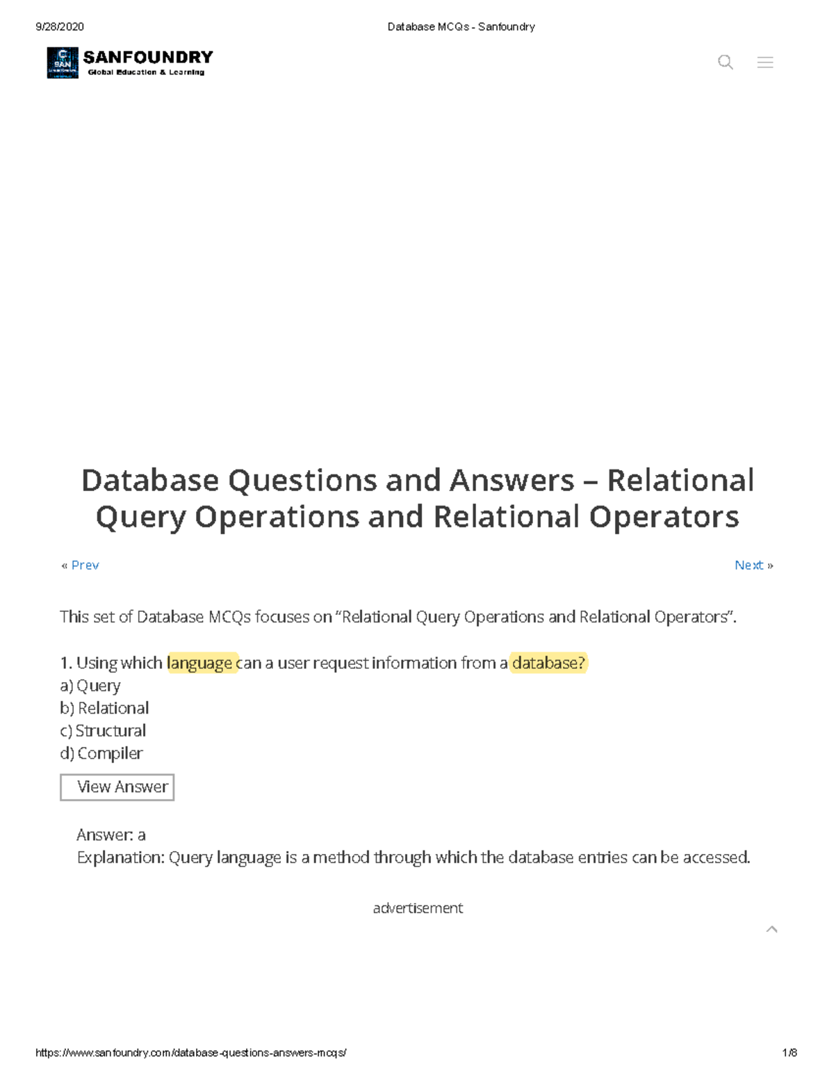 Database MCQs - Sanfoundry - « Prev Next » Database Questions and Answers – Relational Query ...
