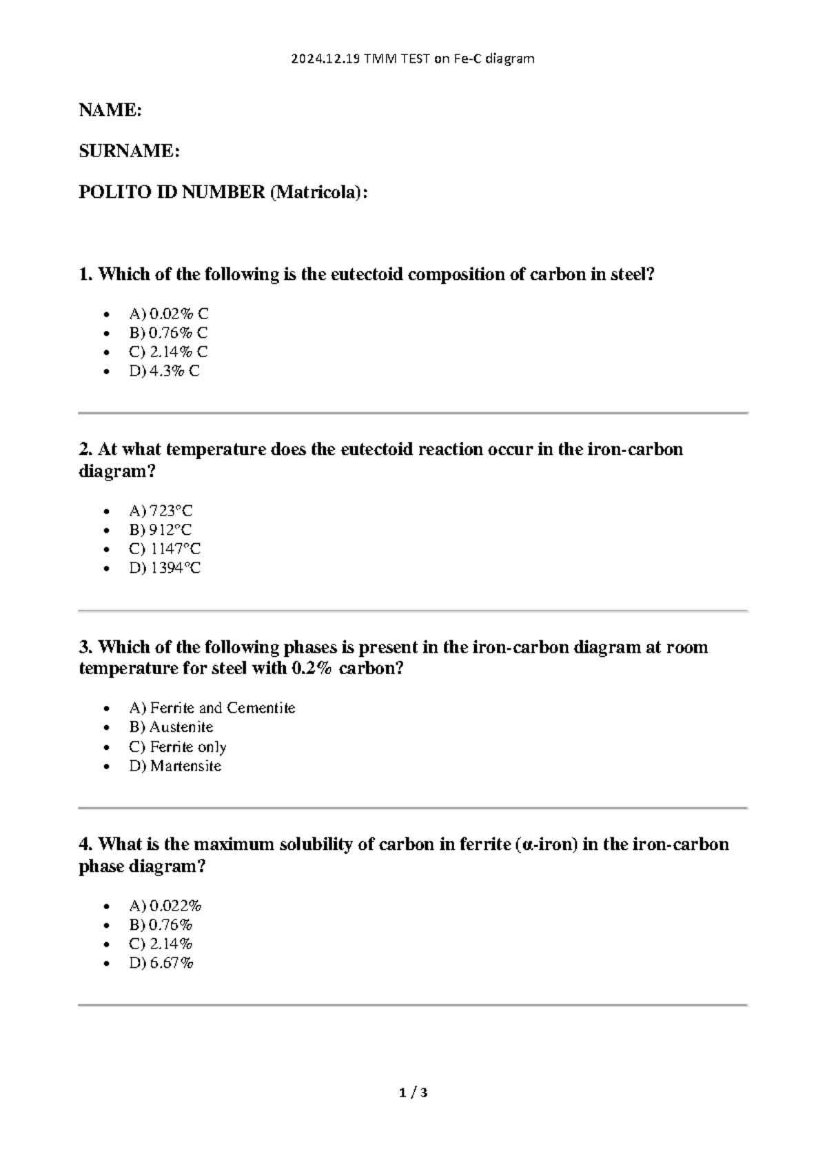 TMM Practice Test: Eutectoid Composition & Phase Diagrams - Studocu