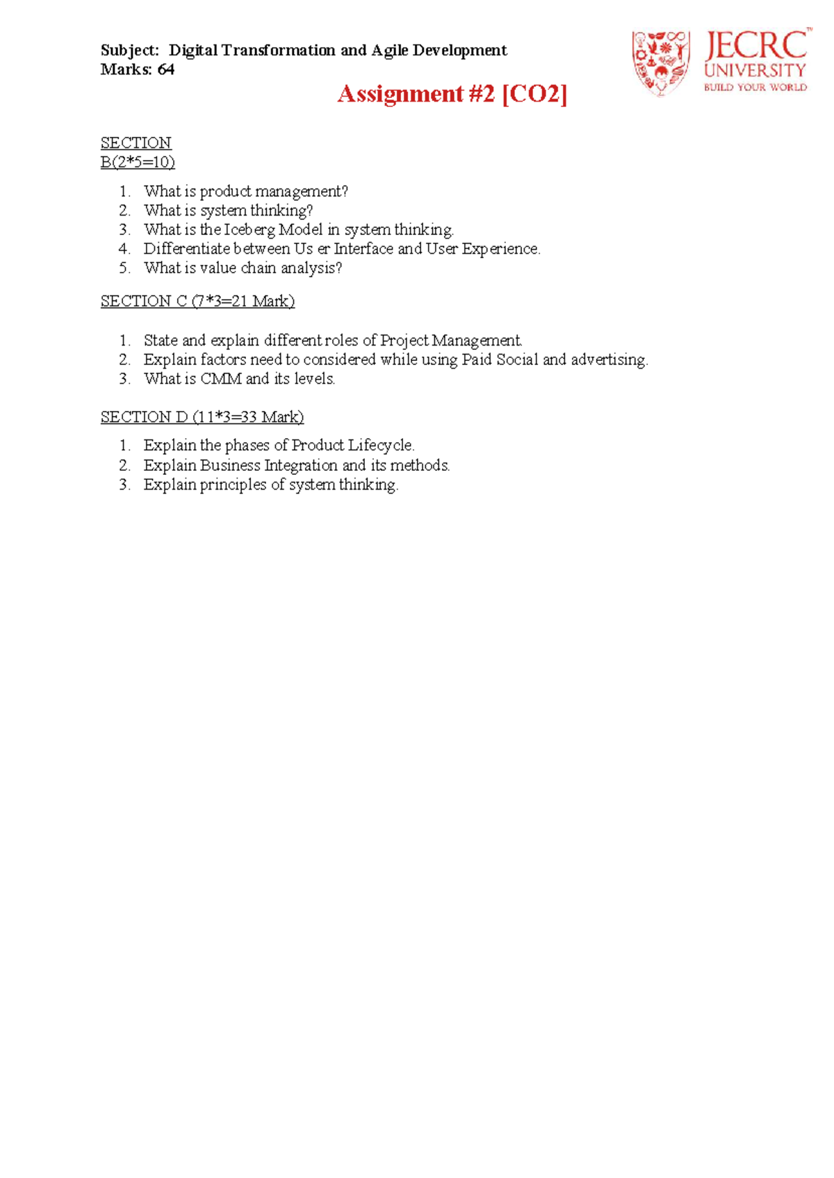 Assignment 2 D - Btech CSE Computer Science (DAM001AC) - Subject: Digital Transformation and ...