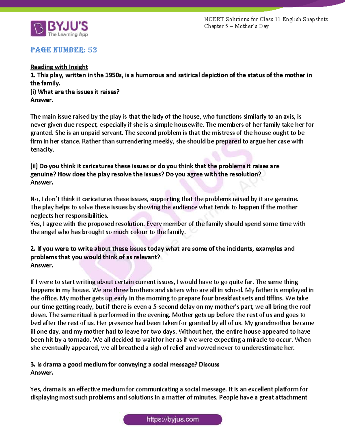 NCERT Solutions: Class 11 English Snapshots - Chapter 5 Mother’s Day ...