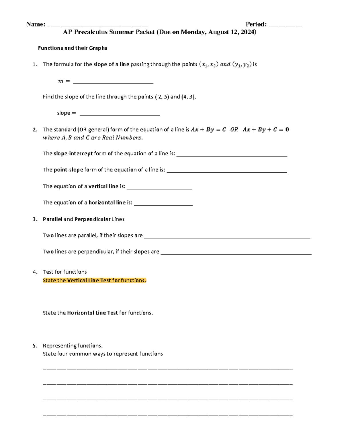AP Precalculus Summer Packet 2024-25: Functions & Graphs Review - Studocu