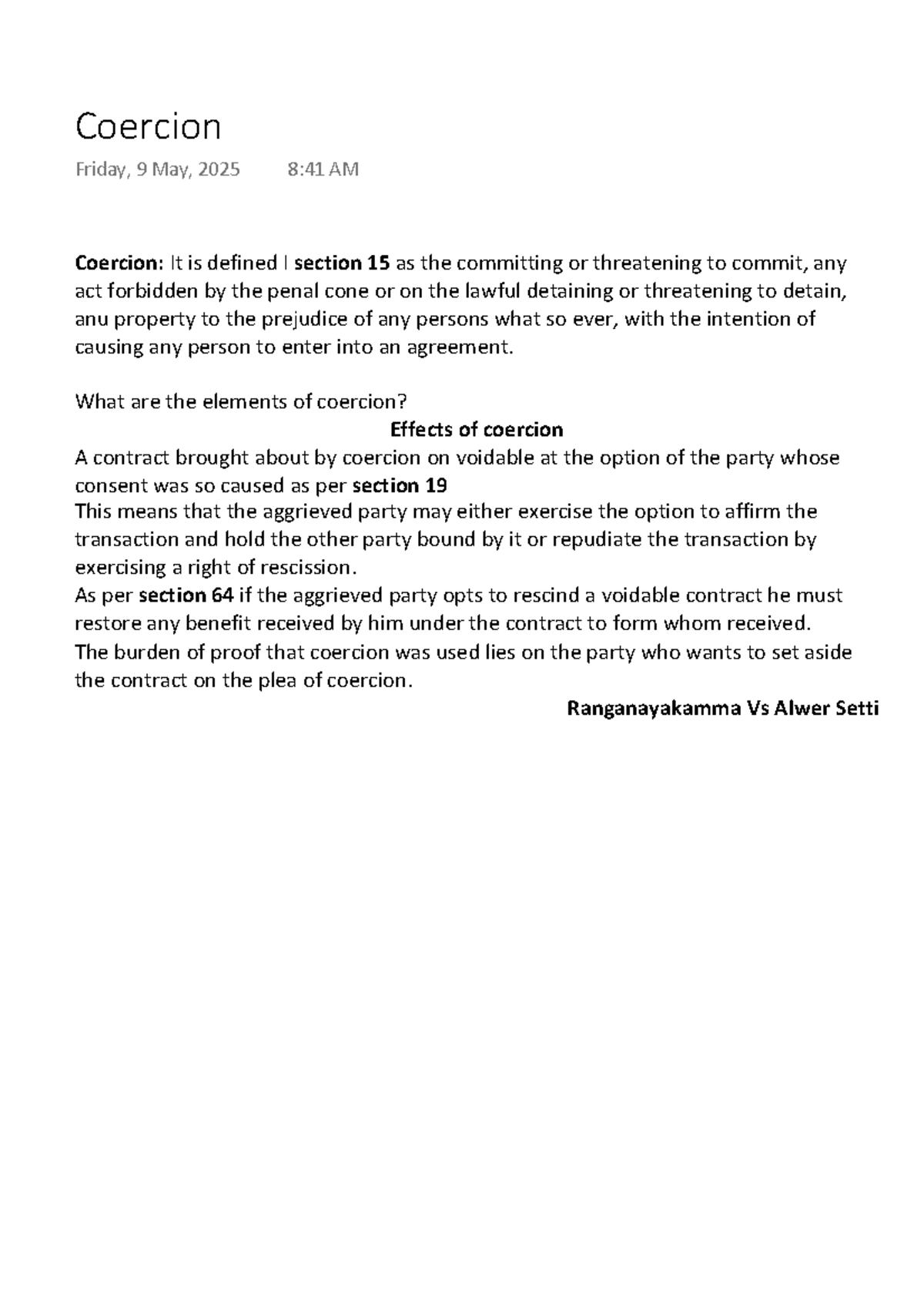 Contract Law: Coercion and Its Effects (Obligations) - Studocu