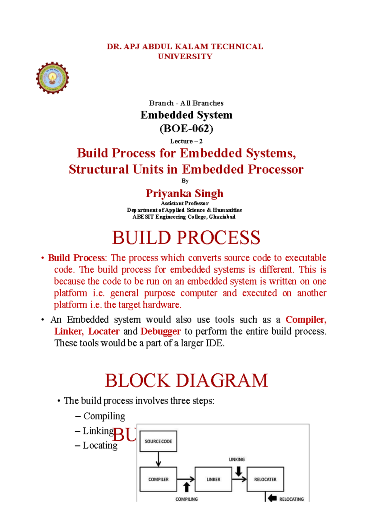 AKTU Embedded Systems Lecture 2: Build Process & Structural Units - Studocu