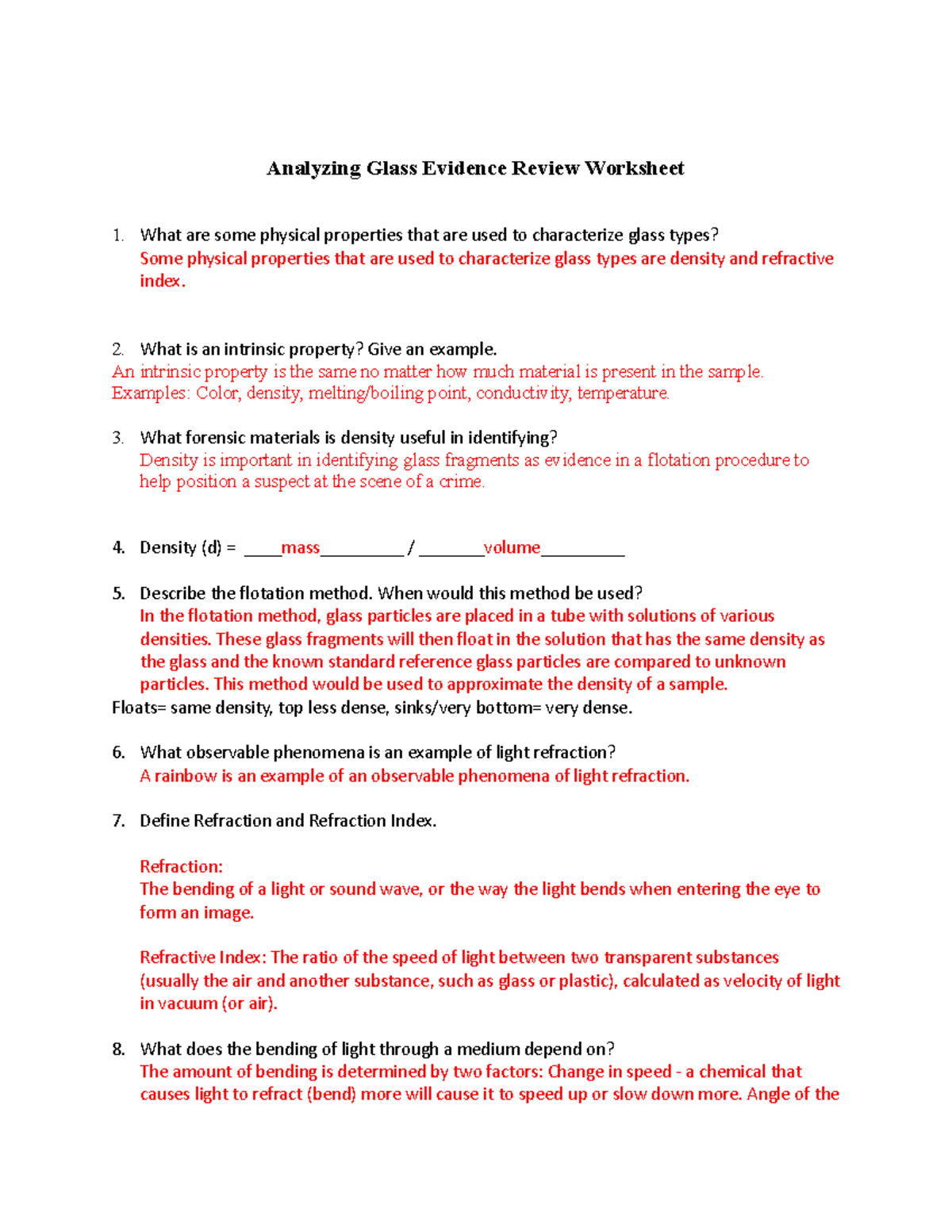 Glass Evidence Analysis Worksheet: Forensic Characterization & Methods ...