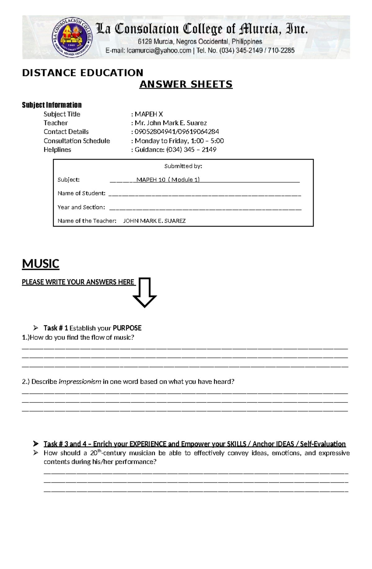 Mapeh 10 W1 Q1 - DISTANCE EDUCATION ANSWER SHEETS Subject Information ...