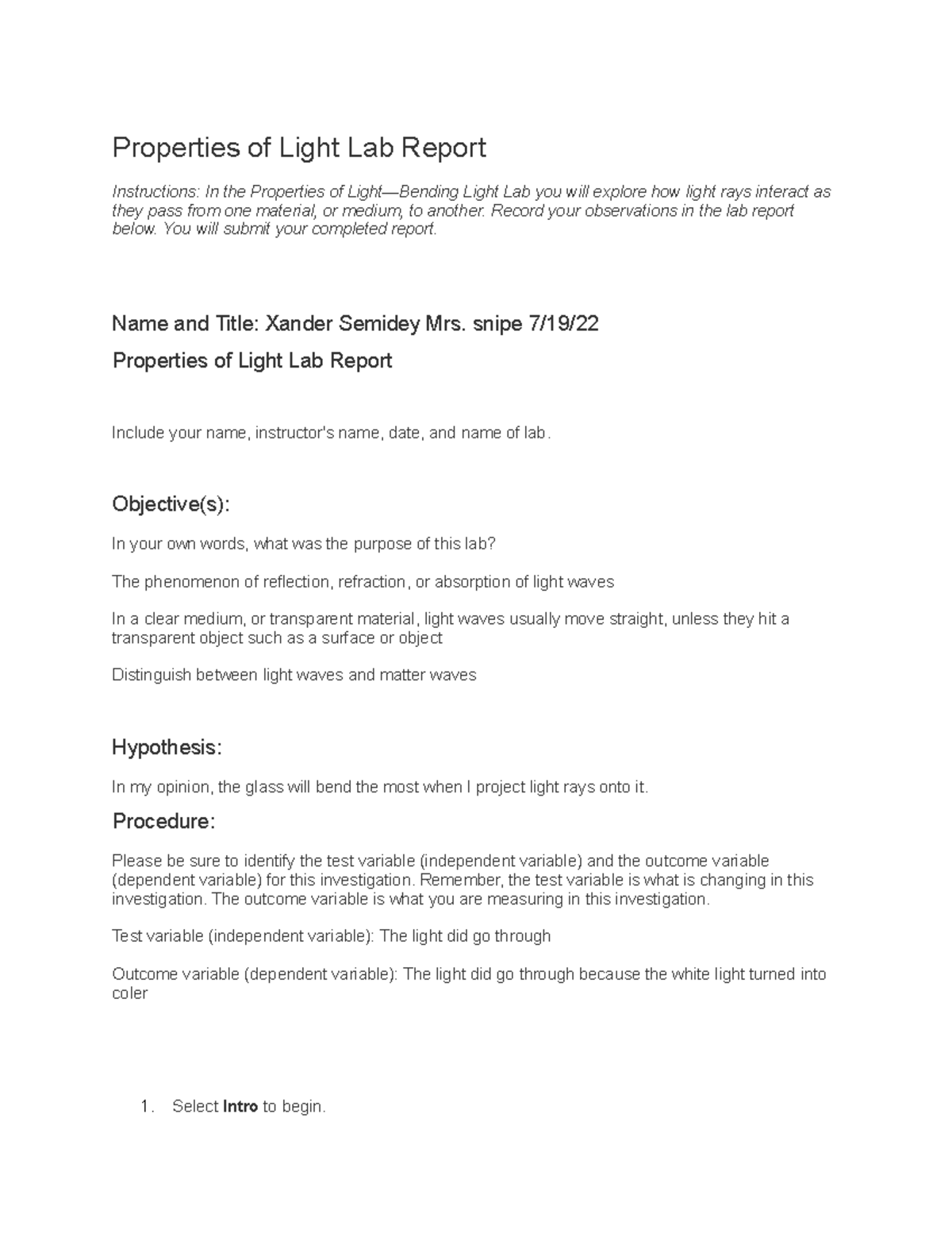 Properties of Light Lab Report - Properties of Light Lab Report ...