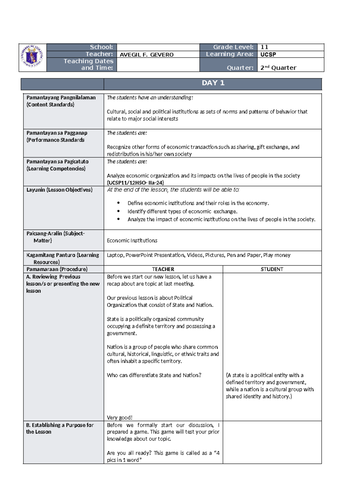 UCSP 11 Lesson Plan: Economic Institutions & Exchanges (2nd Quarter ...