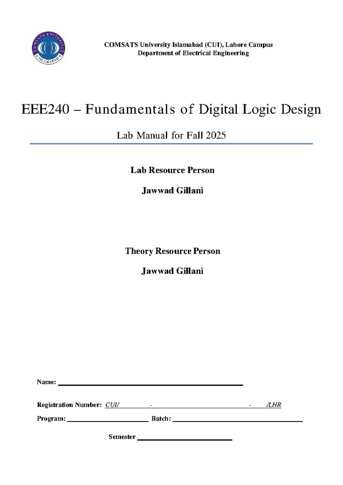 CUI EE 2025: Fundamentals of Digital Logic Design Lab Manual - Studocu