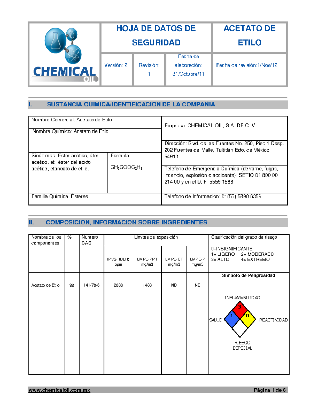 Acetato DE Etilio - Ficha técnica - SEGURIDAD ETILO Versión: 2 Revisión ...