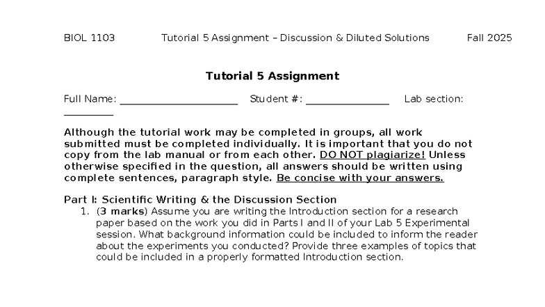 BIOL 1103 Tutorial 5 Assignment: Discussion on Diluted Solutions Fall ...