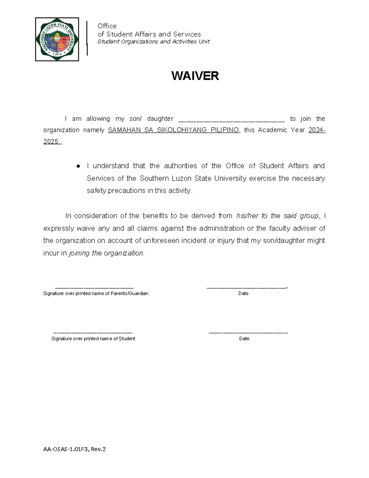 SSP- Waiver - none - Office of Student Affairs and Services Student ...