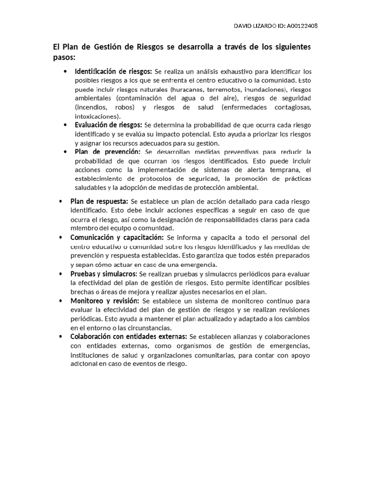 Gestión de Riesgos en Educación: Plan de Acción y Prevención - Studocu