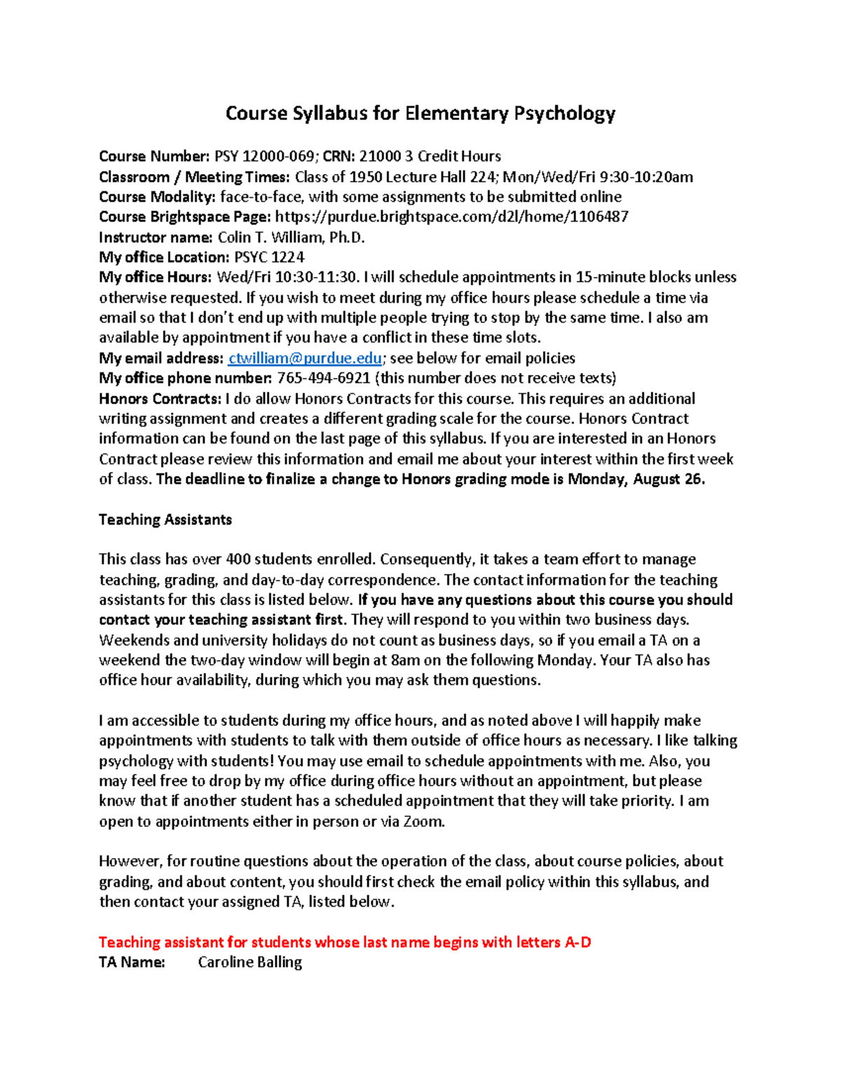 PSY 12000 Fall 2024 Course Syllabus and Important Information - Studocu