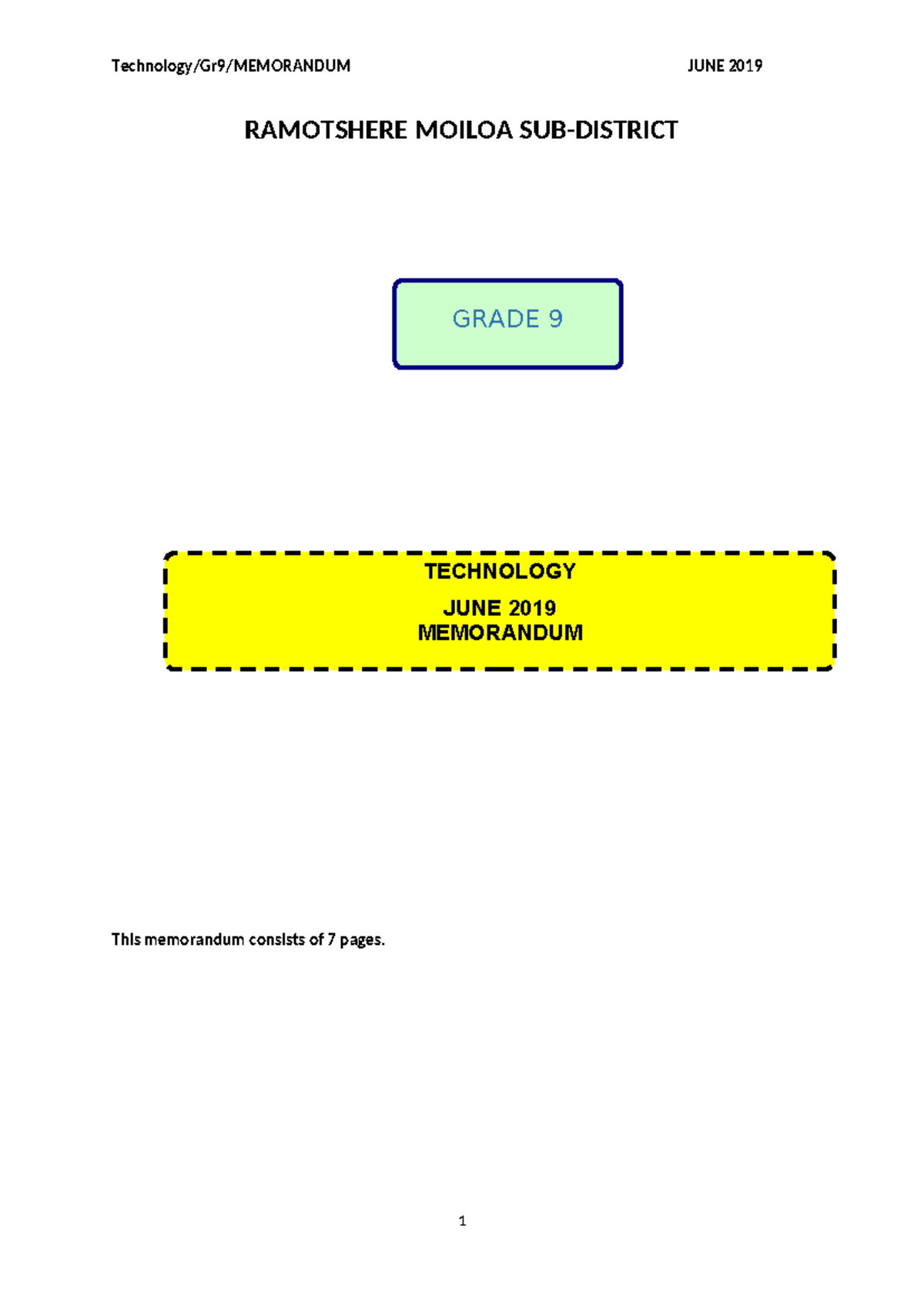 Grade 9 Technology June 2019 Memorandum - Standard Load Concepts - Studocu