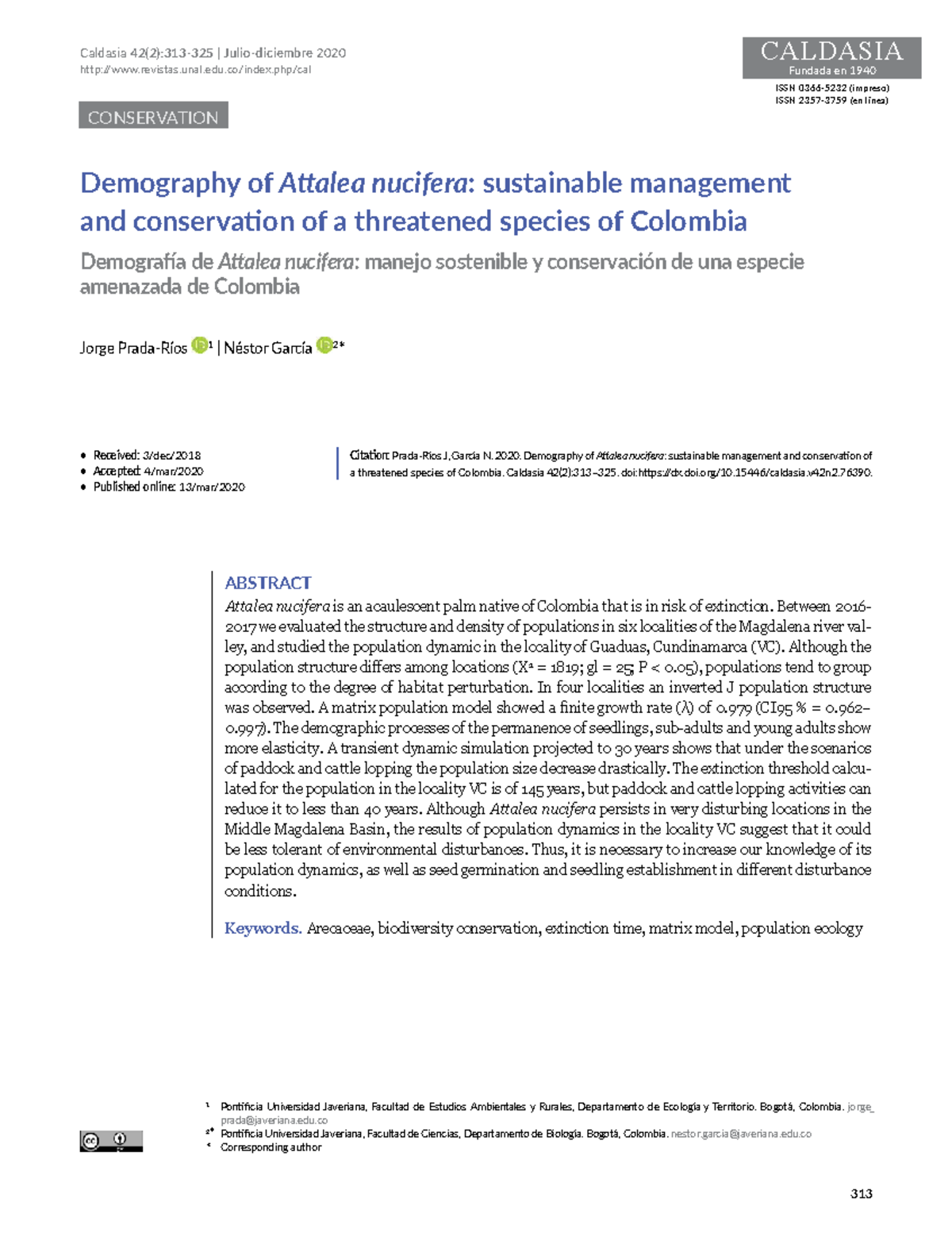 Demography and Conservation of Attalea nucifera in Colombia (CALDASIA ...