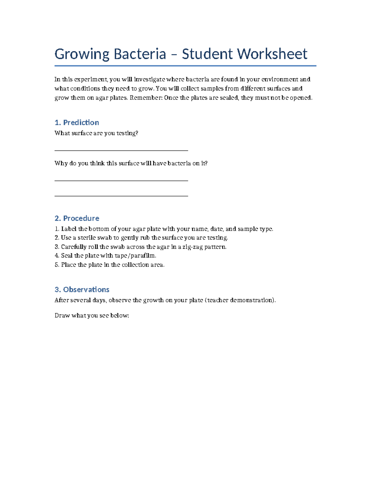 Bacteria Growth Experiment Worksheet: Sample Collection & Analysis ...