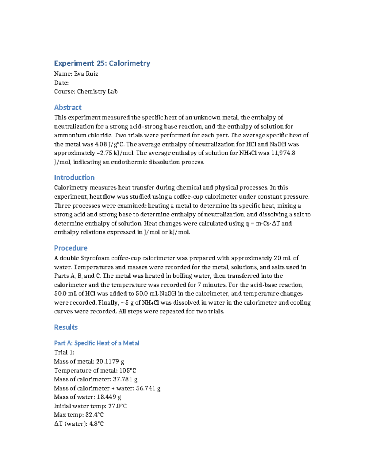 Chemistry Lab: Experiment 25 - Calorimetry Report - Studocu