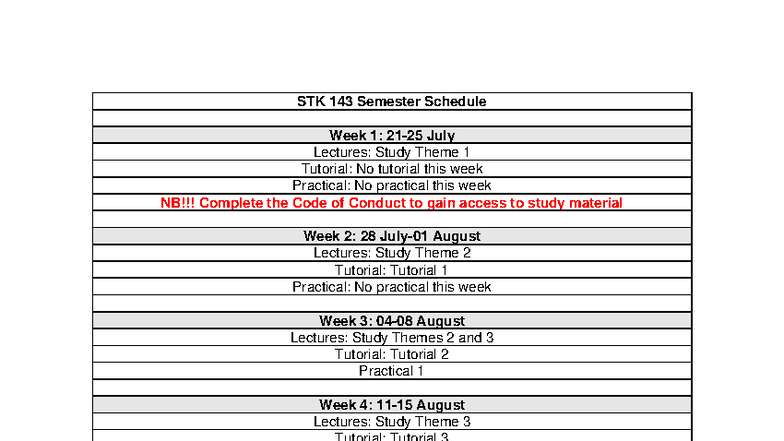 STK 143 2025 Lecture, Tutorial & Practical Schedule Overview - Studocu