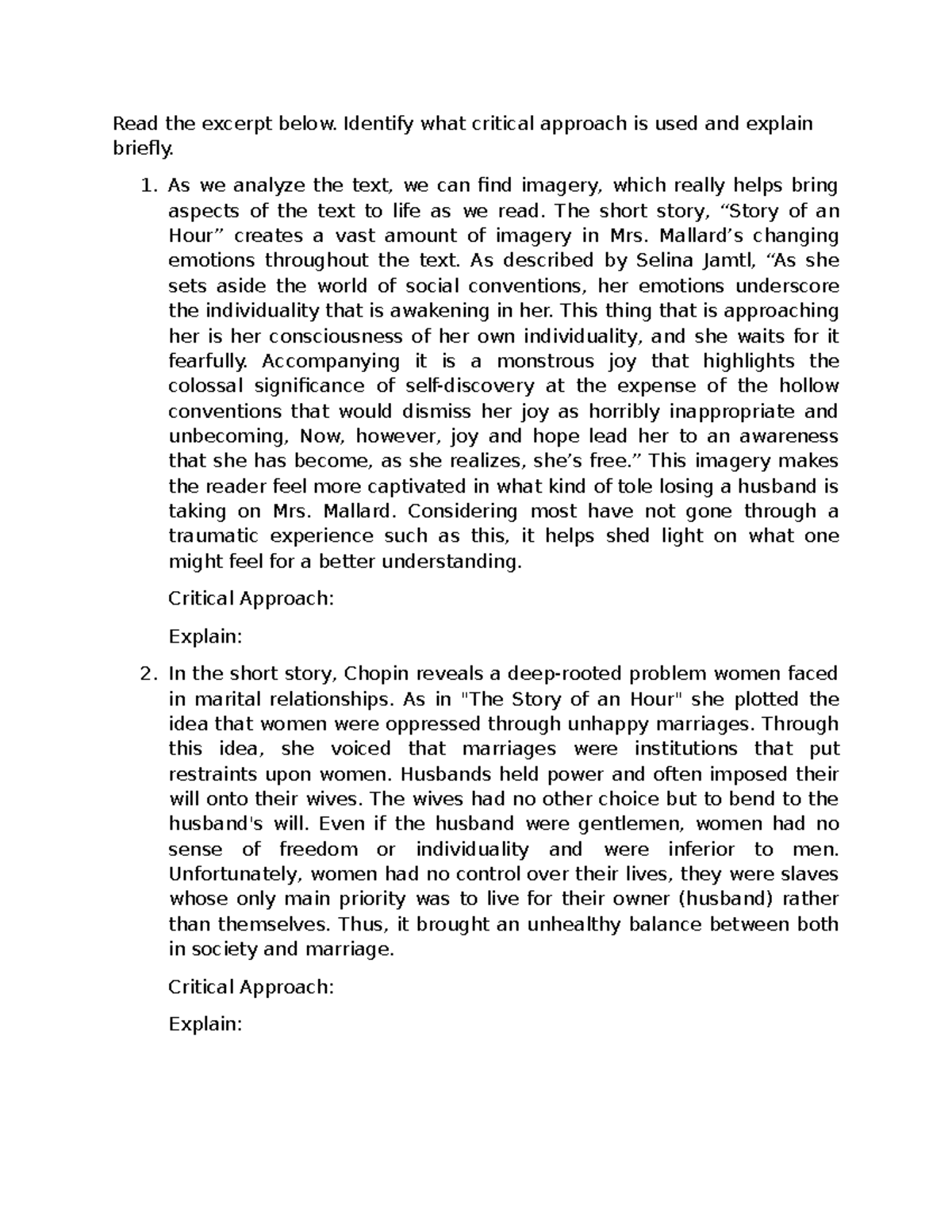 Activity - Identifying Critical Approaches in Literature Analysis - Studocu