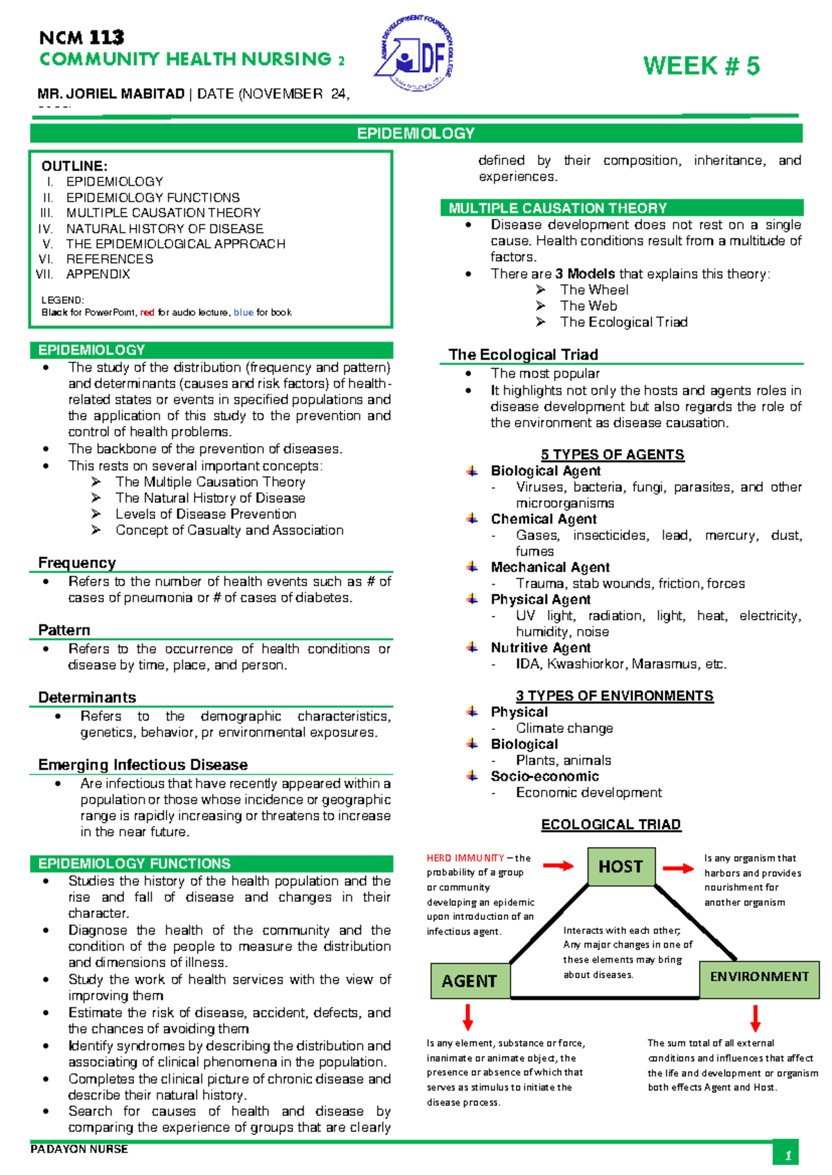 WEEK5 Joriel NCM113 - BS Nursing - EPIDEMIOLOGY PADAYON NURSE WEEK # 5 ...