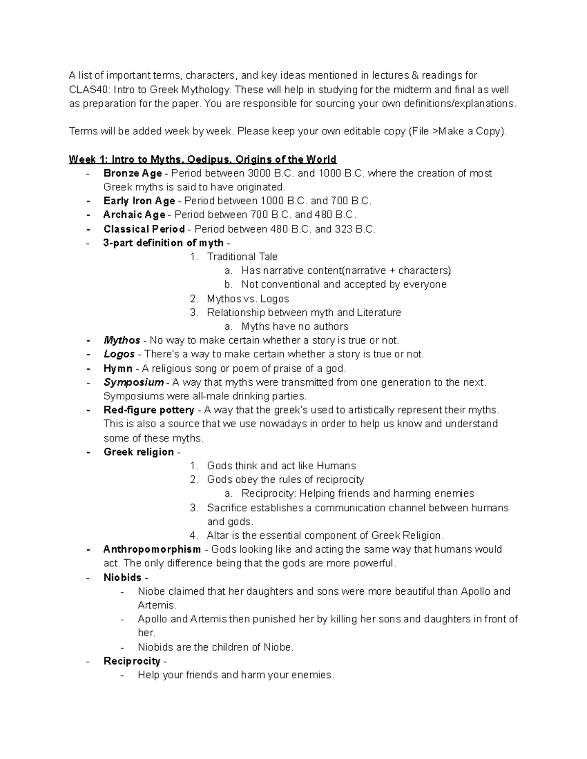 CLAS40: Midterm Study Guide for Intro to Greek Mythology Terms - Studocu