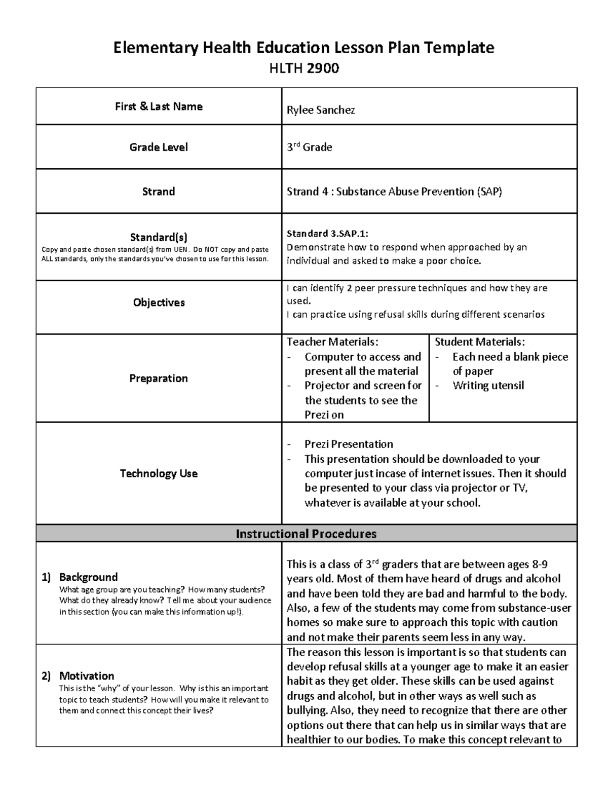 HLSC 2900 Grade 3 Lesson Plan on Substance Abuse Prevention - Studocu