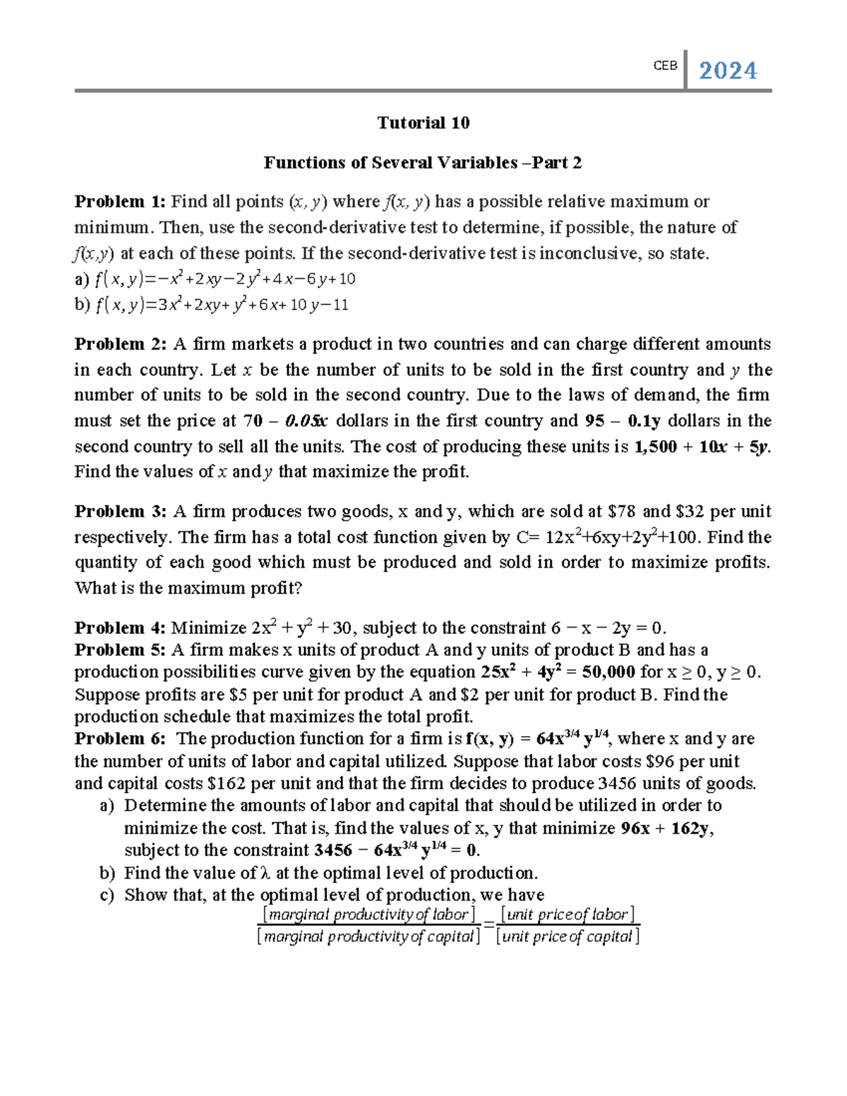 CEB 2024 Tutorial 10 - Functions of Several Variables Problems - Studocu