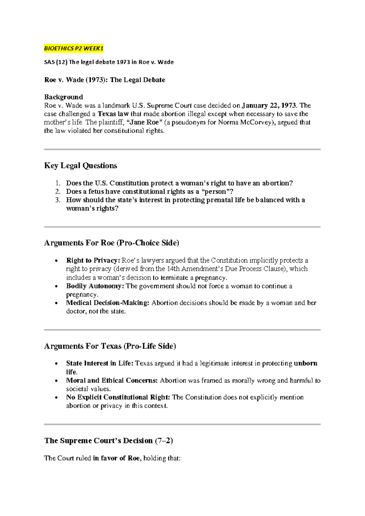 BIOETHICS P2 WEEK 1: Roe v. Wade Legal Debate Overview - Studocu