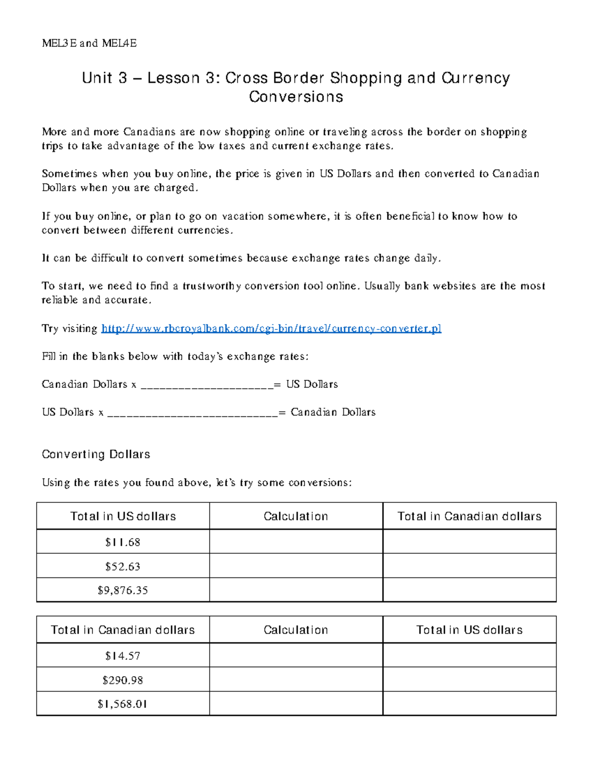 MEL3E and MEL4E Unit 3 Lesson 3: Currency Conversions & Shopping - Studocu
