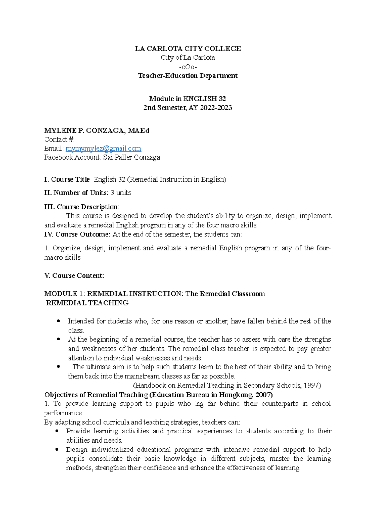 English 32 module 1 - REMEDIAL INSTRUCTION: The Remedial Classroom ...