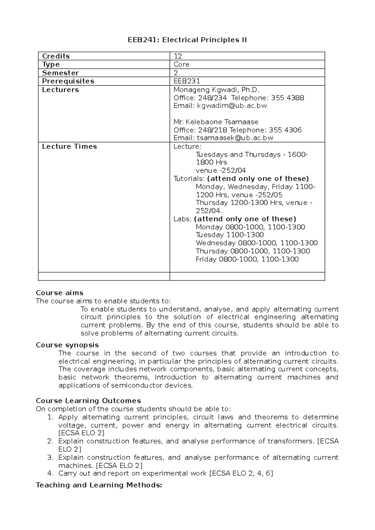 Course Outline - EEB 241: Electrical Principles II - Semester 2 - Studocu