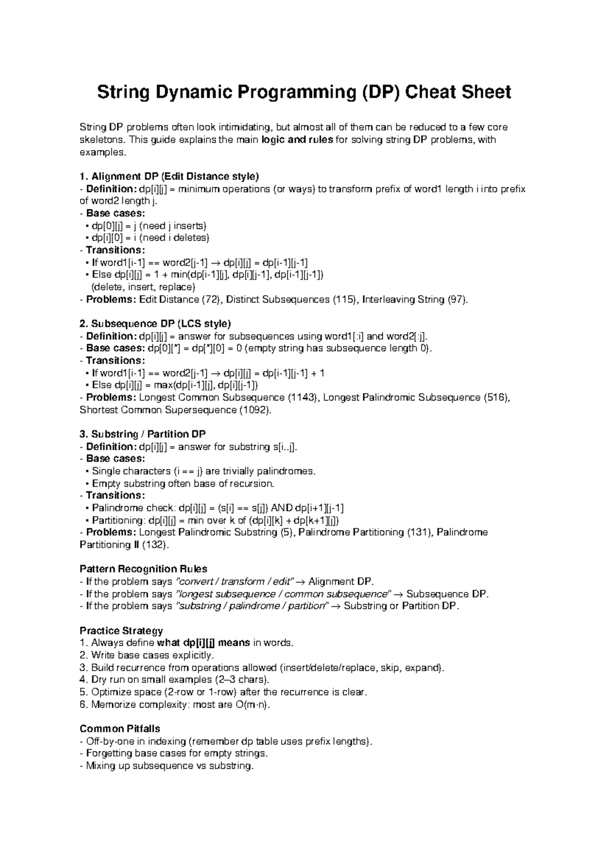 String DP (Dynamic Programming) Cheat Sheet: Key Concepts & Examples ...