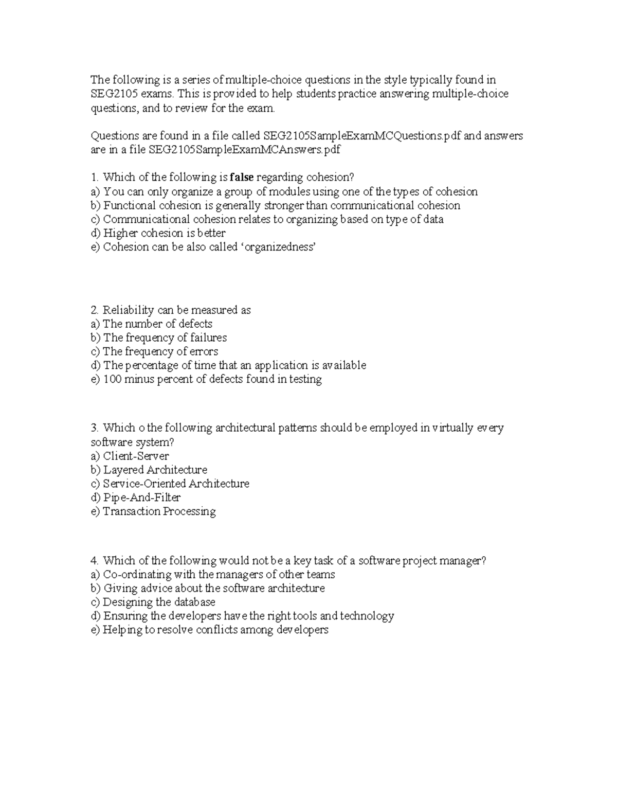 SEG2105 Sample Practice Exam Questions for 2015 - Studocu