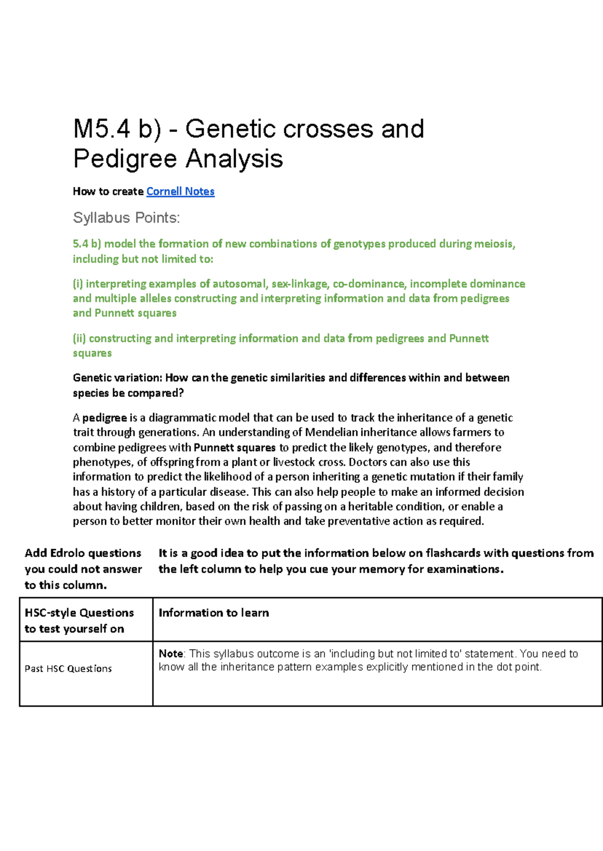 Biology M5.4 b) Genetic Crosses & Pedigree Analysis Notes - Studocu