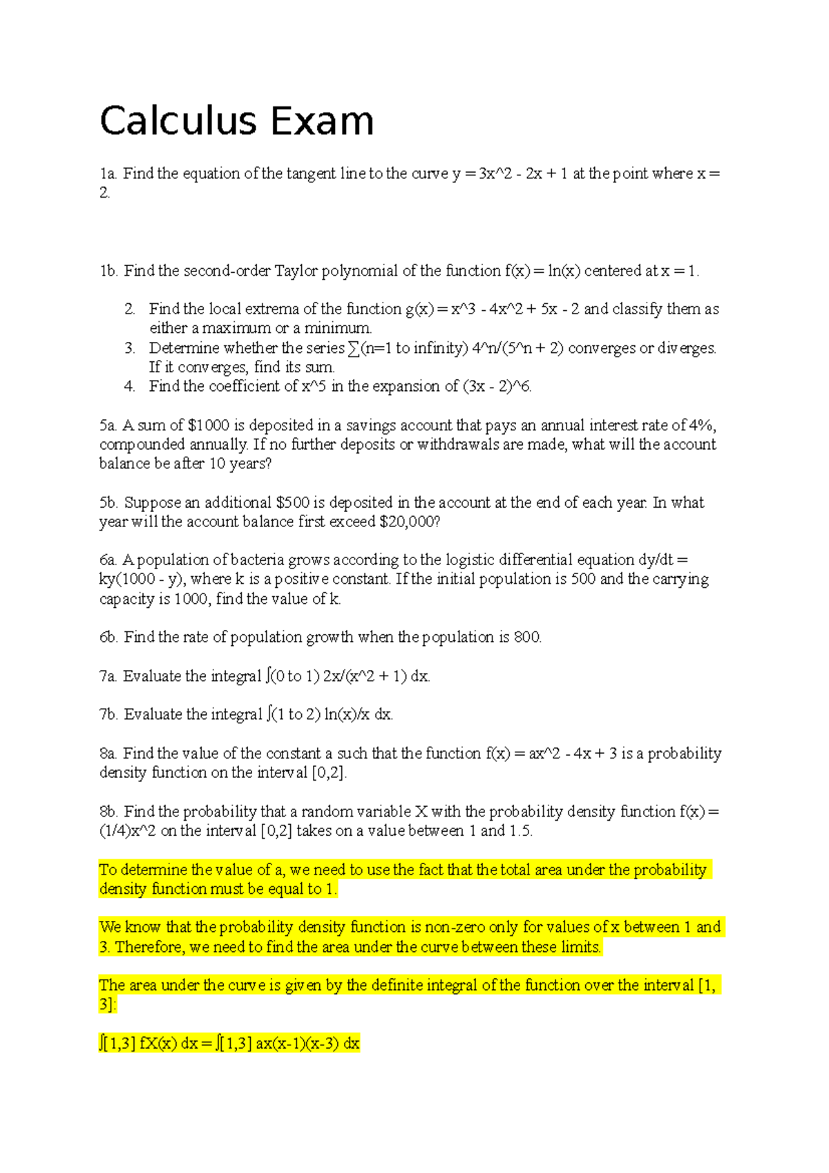 Calculus 101 Final Exam Review and Practice Problems - Studeersnel