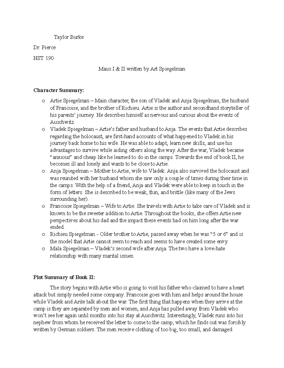 Maus I and II - Book report - The Complete Maus - Taylor Burke Dr ...