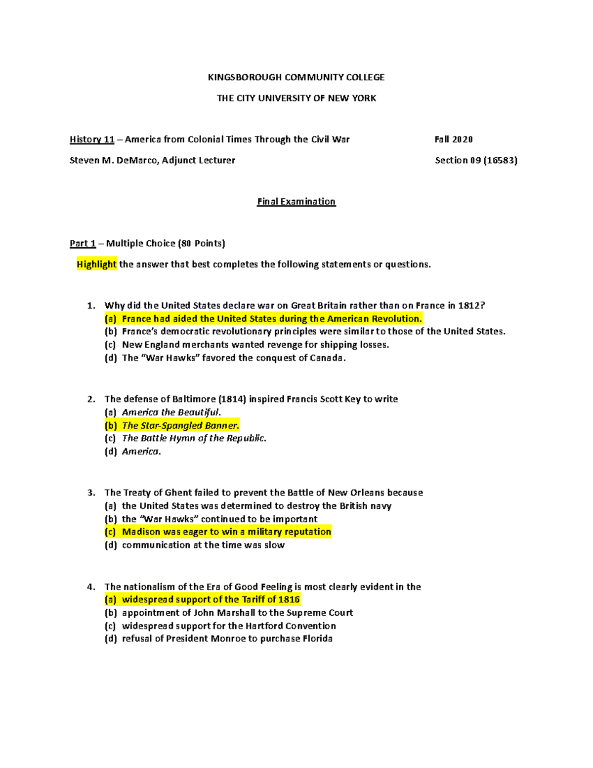 History 11 Final Examination - KINGSBOROUGH COMMUNITY COLLEGE THE CITY ...