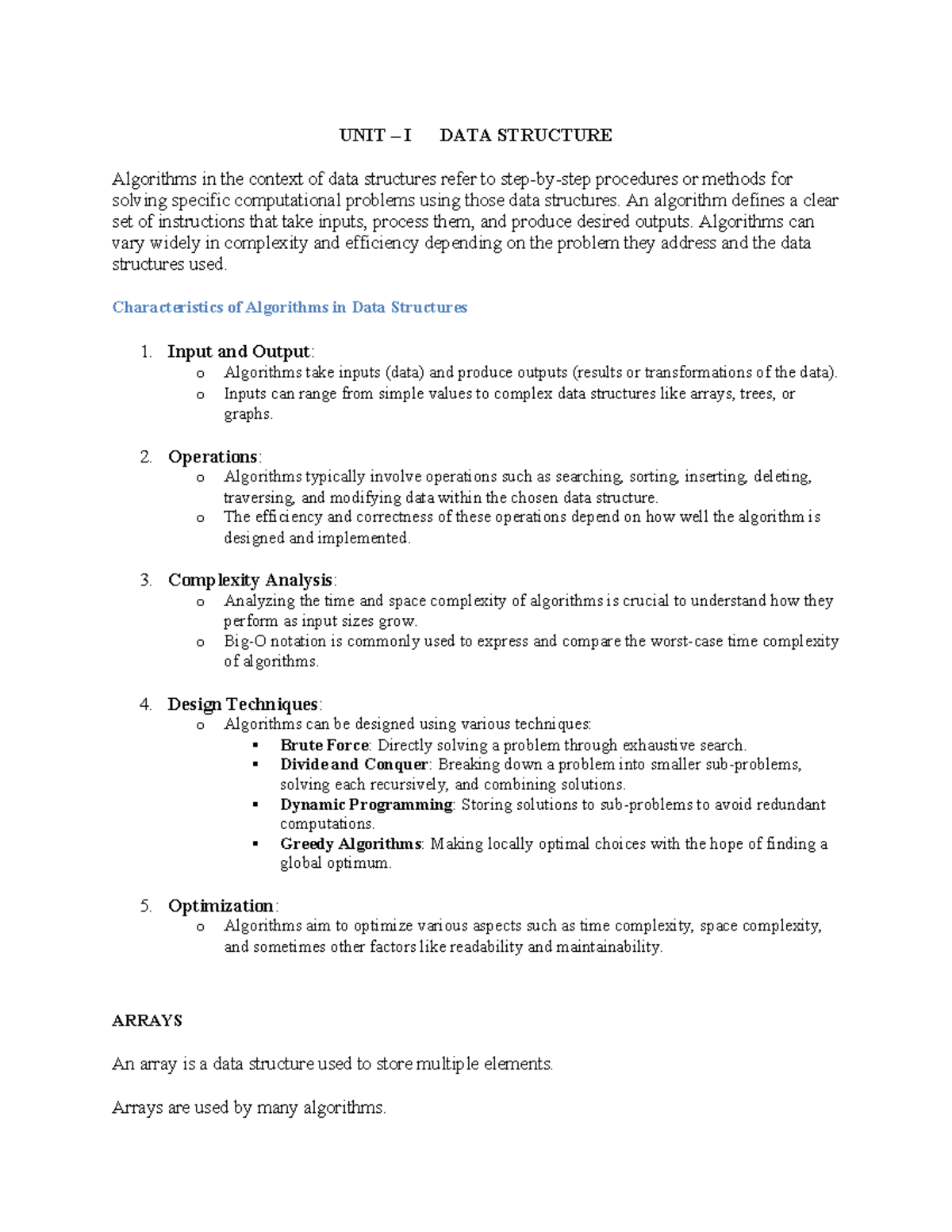 CS101 Unit 1: Fundamentals of Data Structures and Algorithms - Studocu