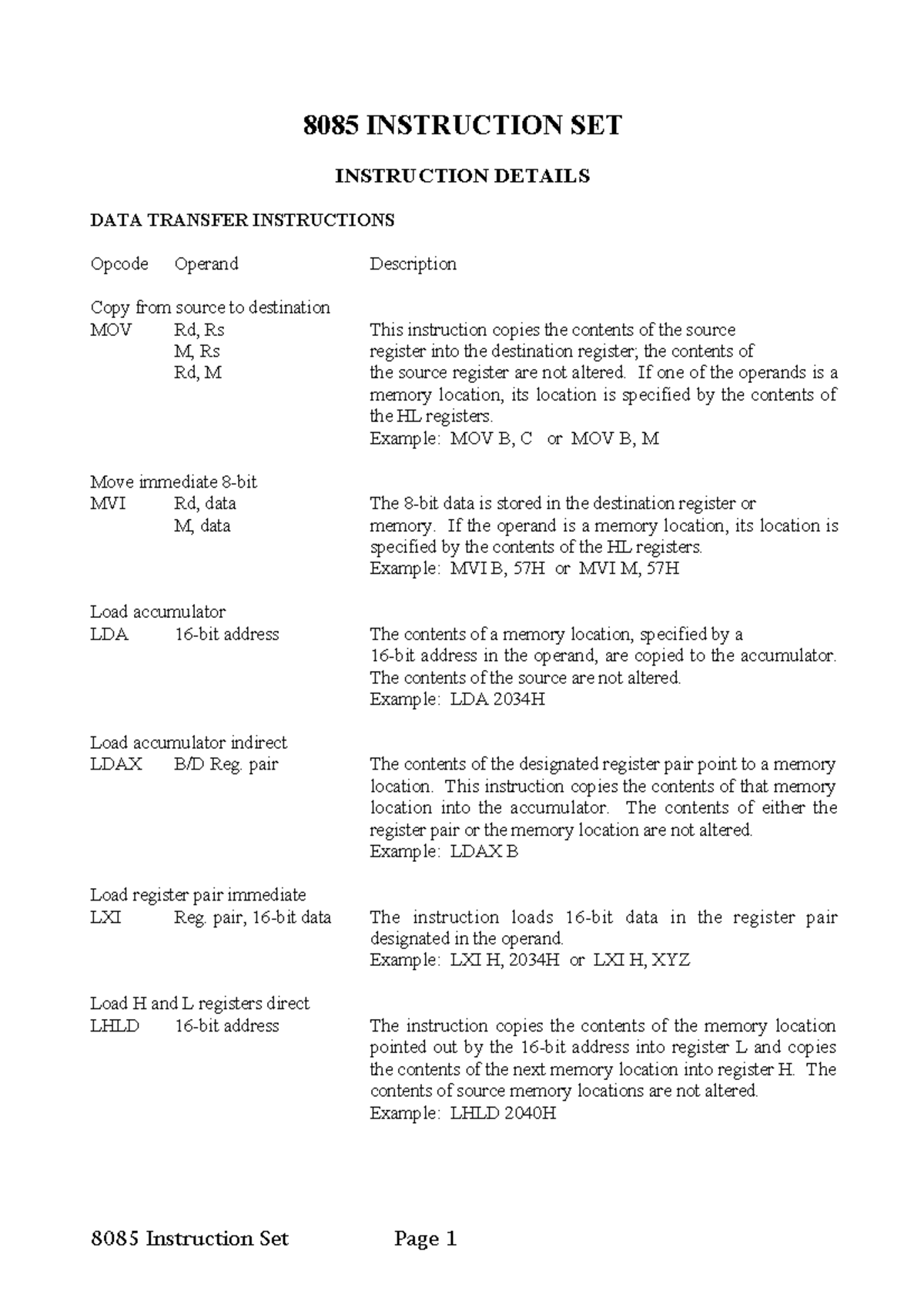 8085 Instruction Set Details: Data Transfer, Arithmetic & Control - Studocu