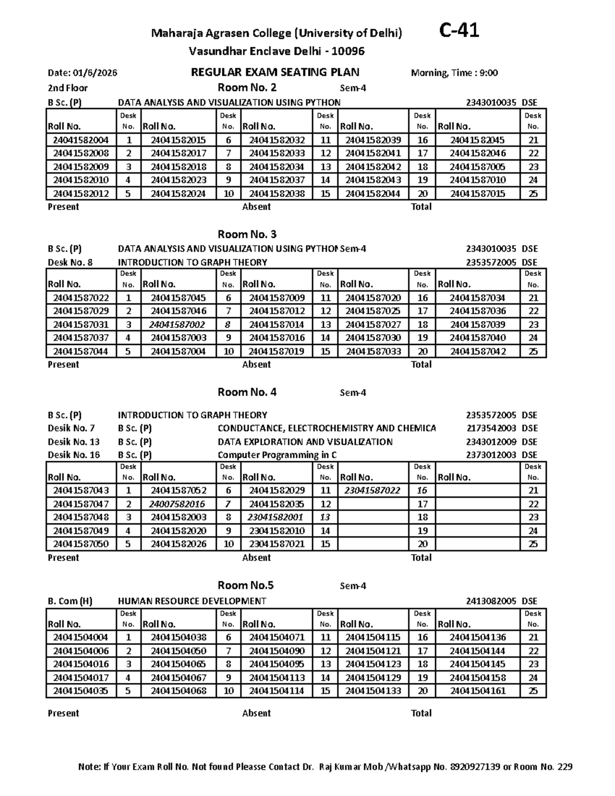 C-41: Regular Exam Seating Plan for B Sc. (P) - 01/06/2026 - Studocu