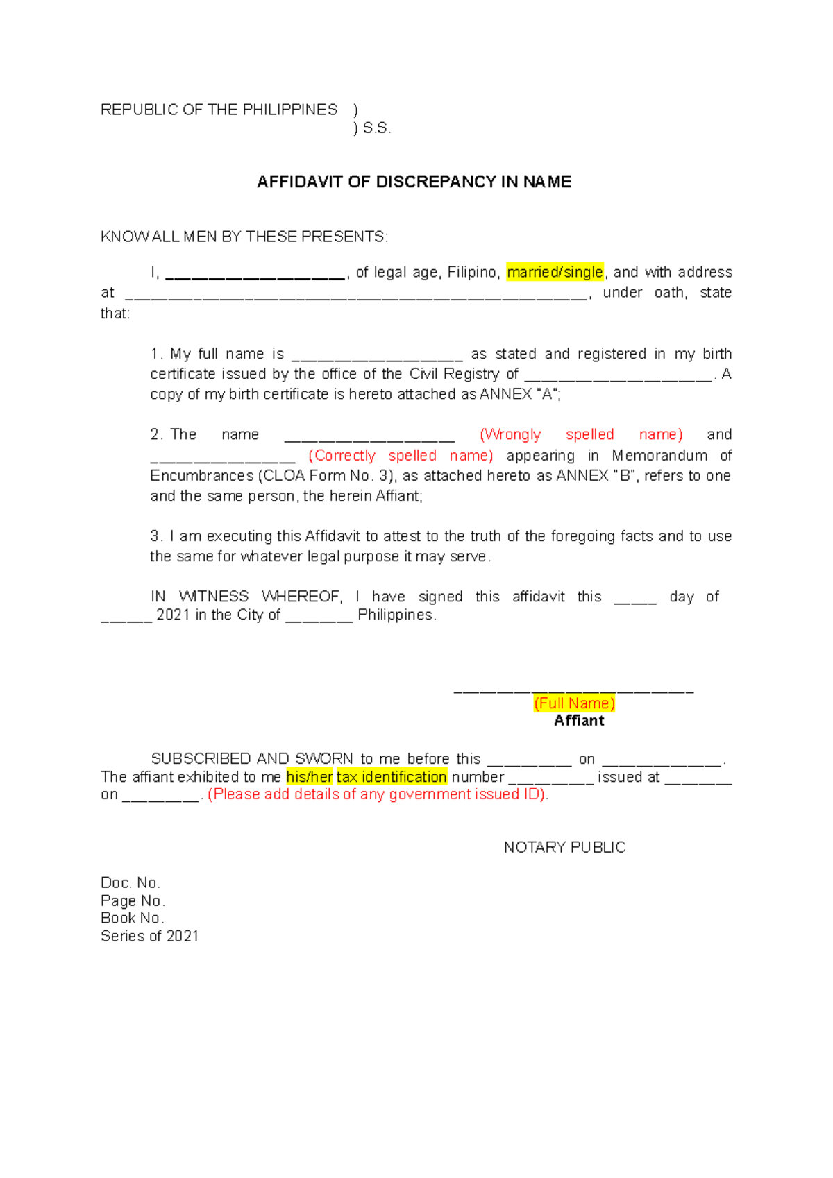 Affidavit of Discrepancy in Name - Philippines Legal Document - Studocu