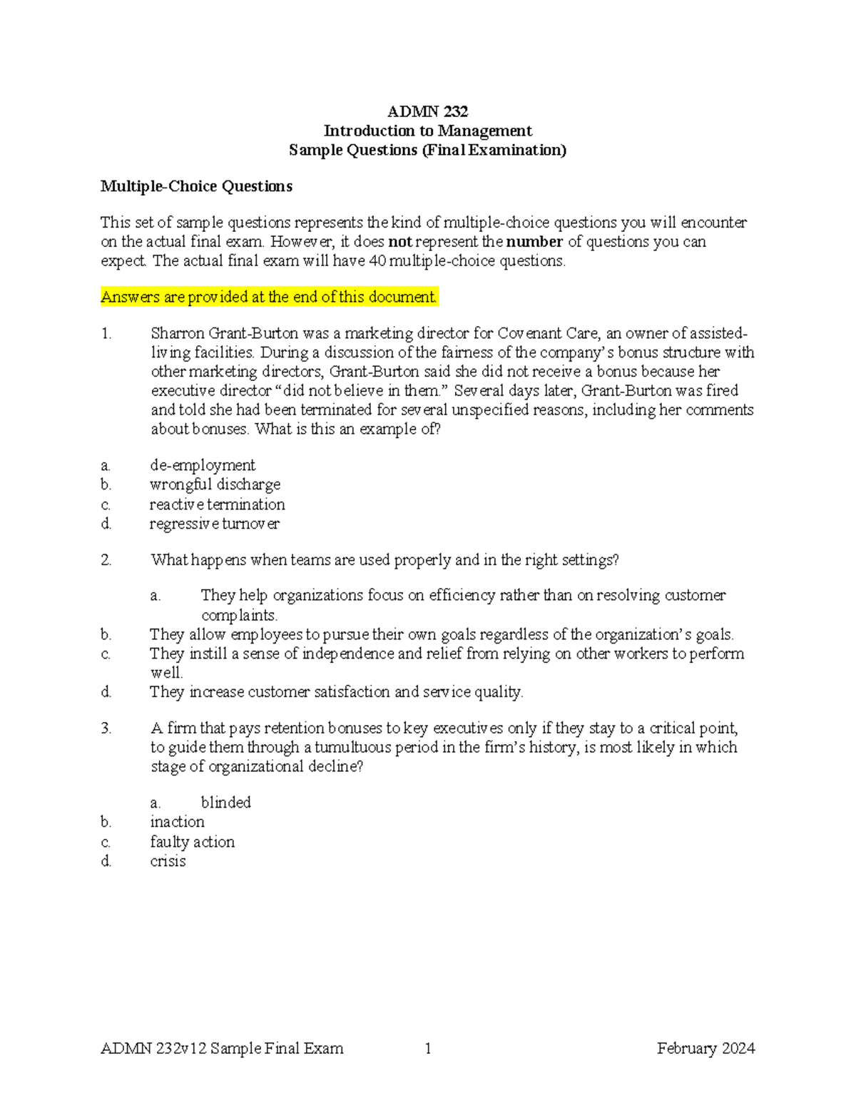 ADMN232v12 Sample Final Exam Questions and Study Guide - Studocu