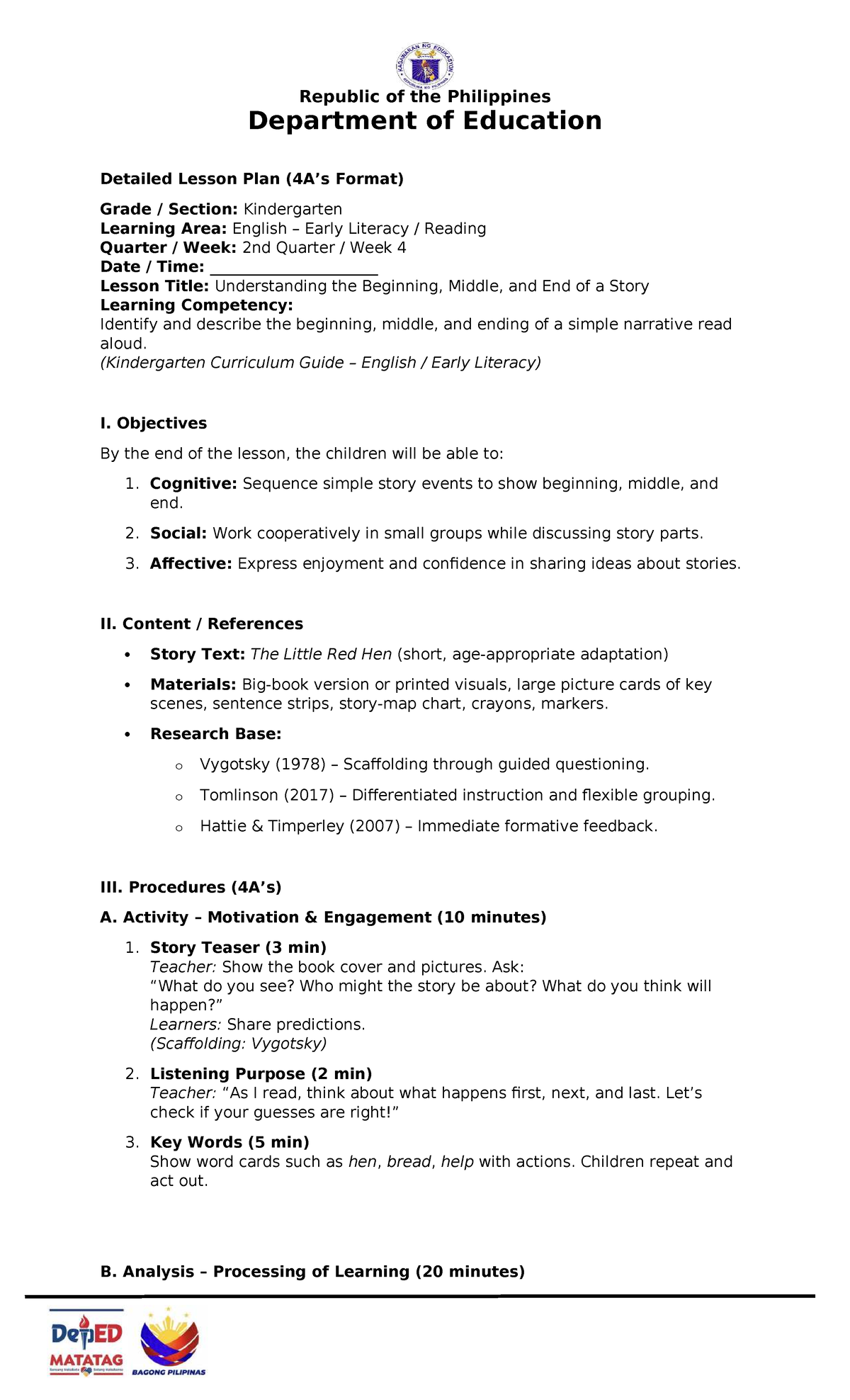 Detailed Lesson Plan: Understanding Story Structure (KINDER) - Studocu